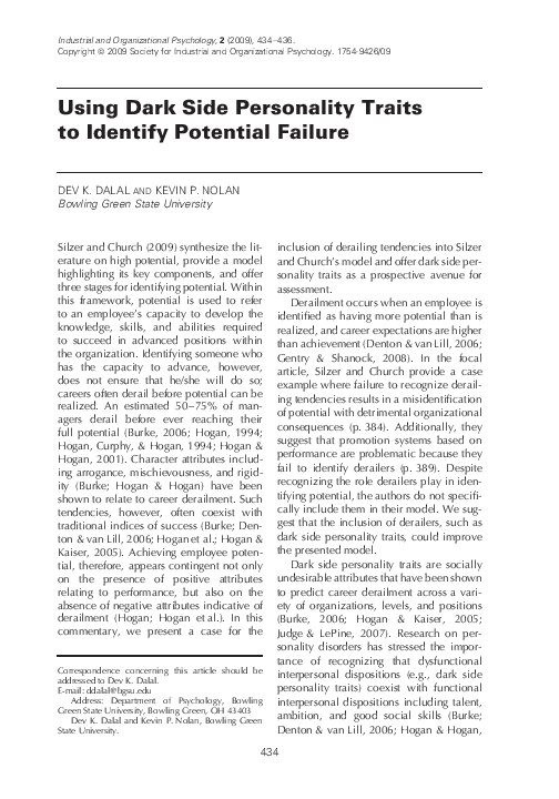 (PDF) Using Dark Side Personality Traits to Identify Potential Failure