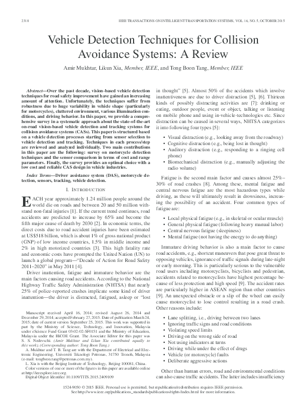 (PDF) Vehicle Detection Techniques for Collision Avoidance Systems: A Review