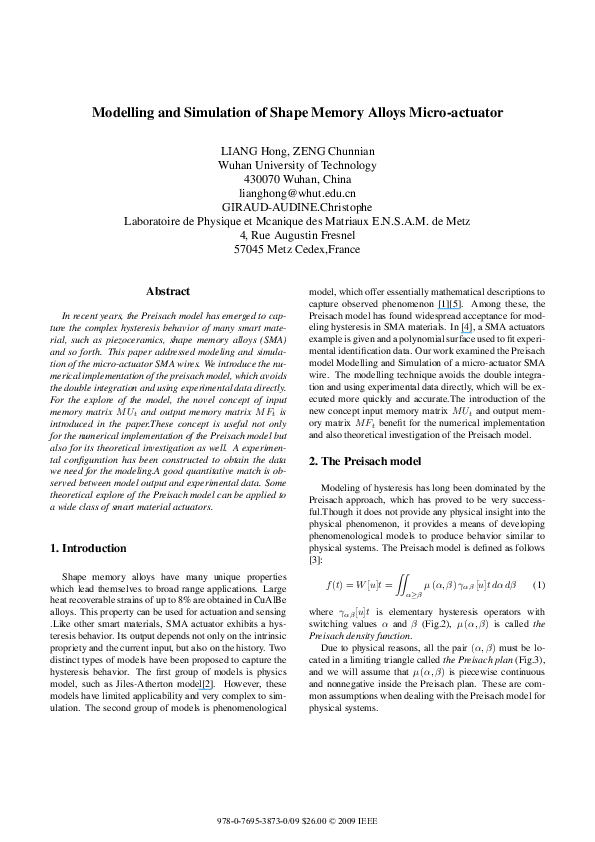 (PDF) Modelling and Simulation of Shape Memory Alloys Micro-Actuator