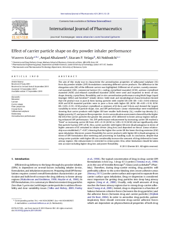 (PDF) Effect of carrier particle shape on dry powder inhaler performance