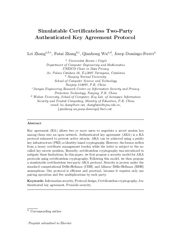 Pdf Simulatable Certificateless Two Party Authenticated Key Agreement Protocol