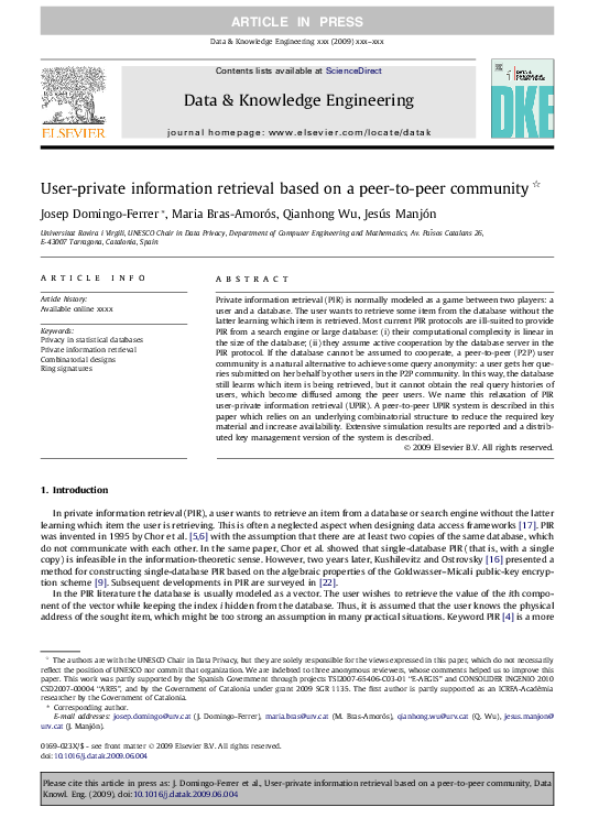 Pdf User Private Information Retrieval Based On A Peer To Peer Community