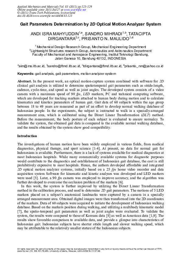 (PDF) Gait Parameters Determination by 2D Optical Motion Analyzer System
