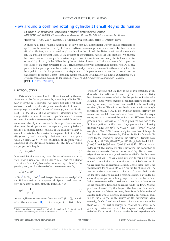 (PDF) Flow around a confined rotating cylinder at small Reynolds number