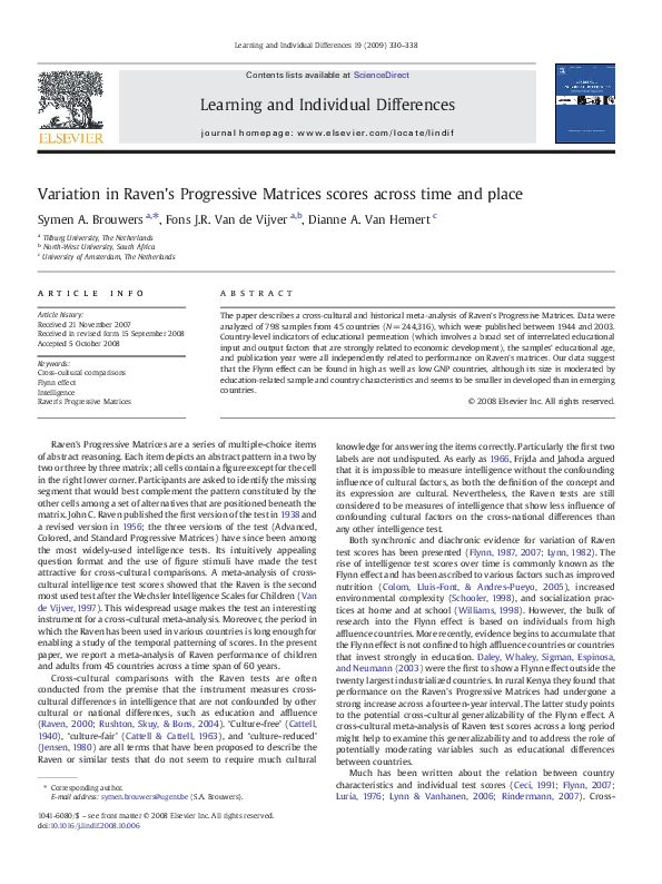 (PDF) Variation in Raven's Progressive Matrices scores across time and ...