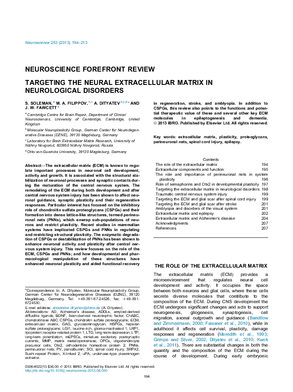 (PDF) Targeting the neural extracellular matrix in neurological disorders