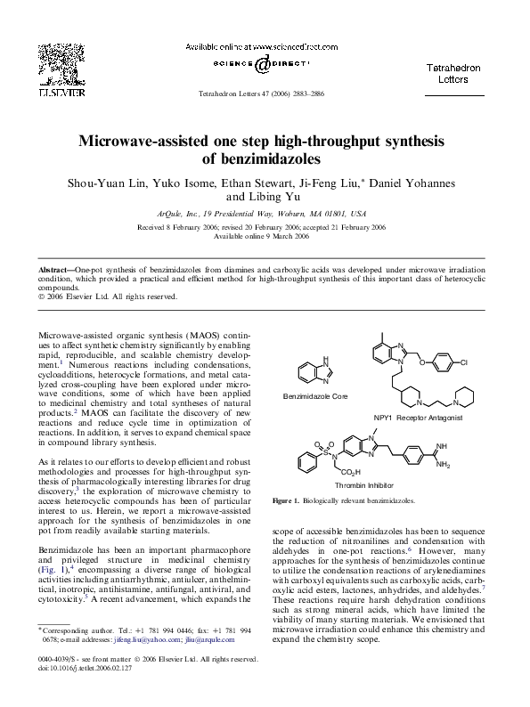 (PDF) Microwave-assisted one step high-throughput synthesis of benzimidazoles