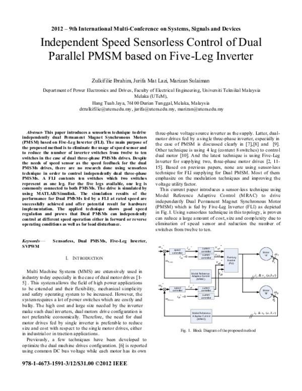 Pdf Independent Speed Sensorless Control Of Dual Parallel Pmsm Based On Five Leg Inverter