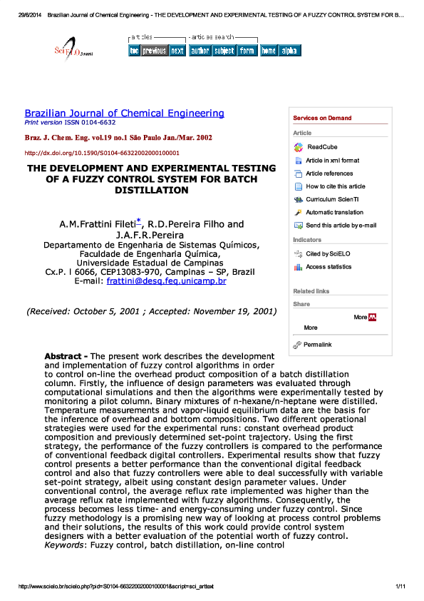 Pdf The Development And Experimental Testing Of A Fuzzy Control System For Batch Distillation