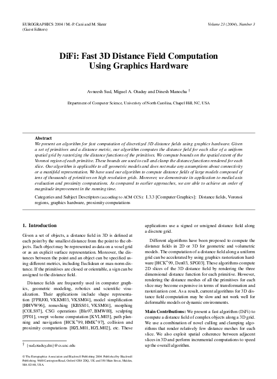 (PDF) DiFi: Fast 3D Distance Field Computation Using Graphics Hardware