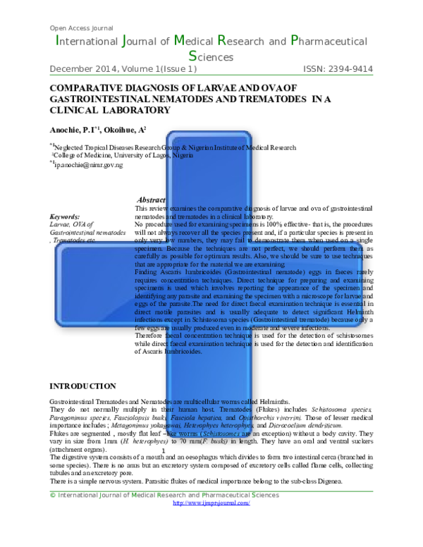 COMPARATIVE DIAGNOSIS OF LARVAE AND OVA OF GASTROINTESTINAL NEMATODES ...