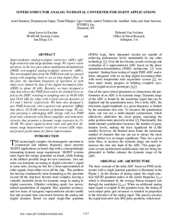 (PDF) Superconductor analog to digital converter for sigint applications