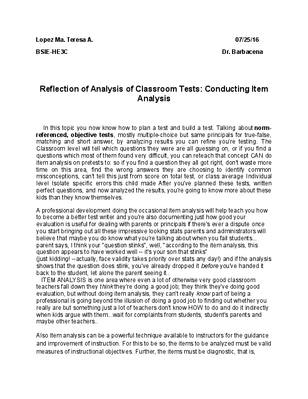 (DOC) Own Reflection in item analysis PIE