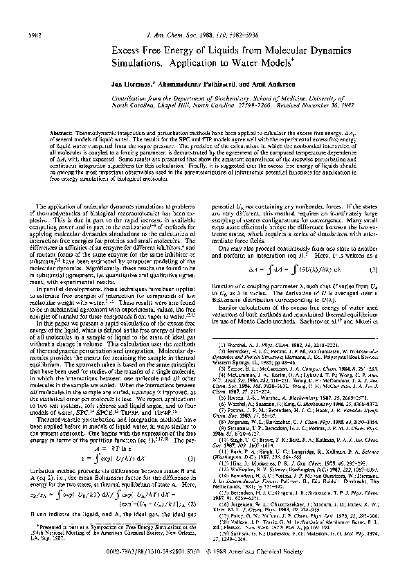 (PDF) Excess free energy of liquids from molecular dynamics simulations. Application to water models