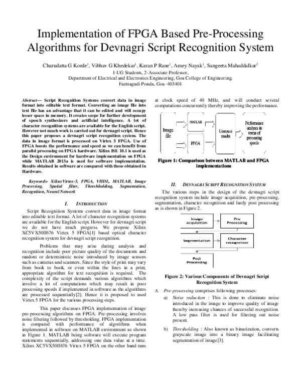 (PDF) Implementation of FPGA Based Pre-Processing Algorithms for Devnagri Script Recognition System