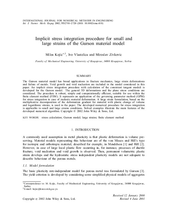 (PDF) Implicit stress integration procedure for small and large strains of the Gurson material model