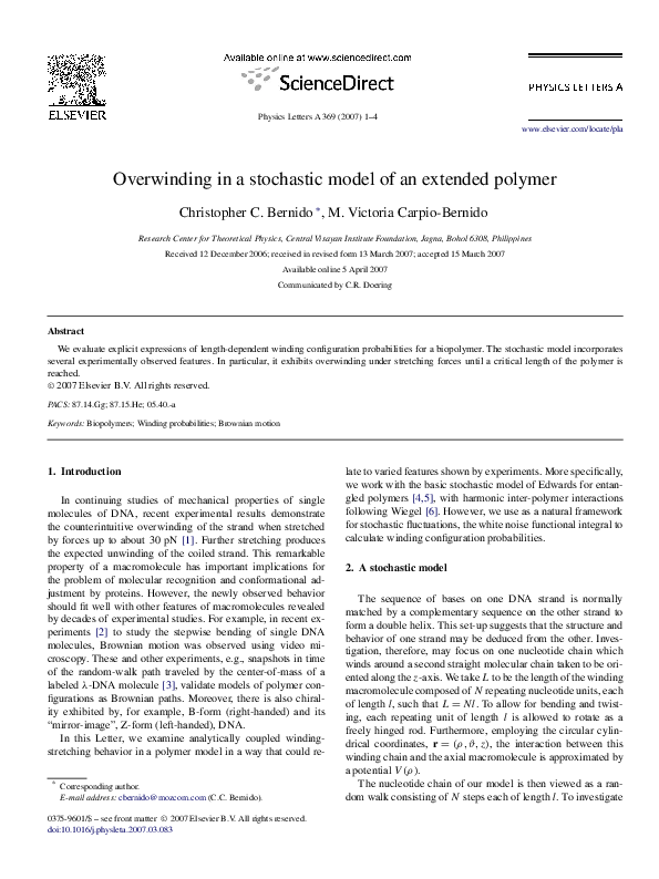 (PDF) Overwinding in a stochastic model of an extended polymer
