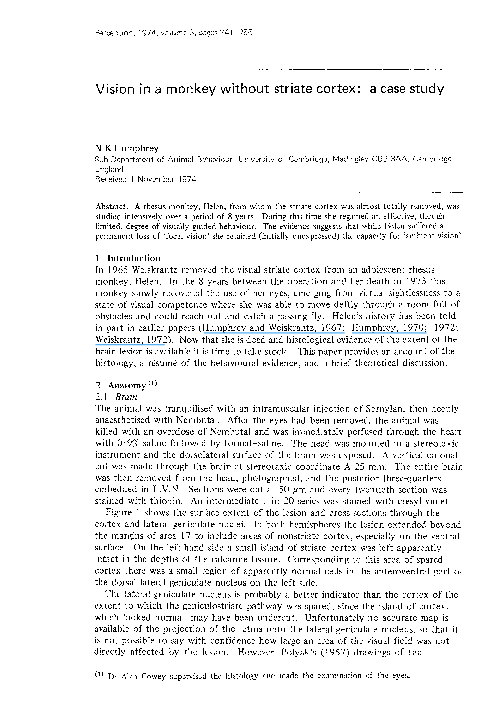 (PDF) Vision in a monkey without striate cortex: a case study