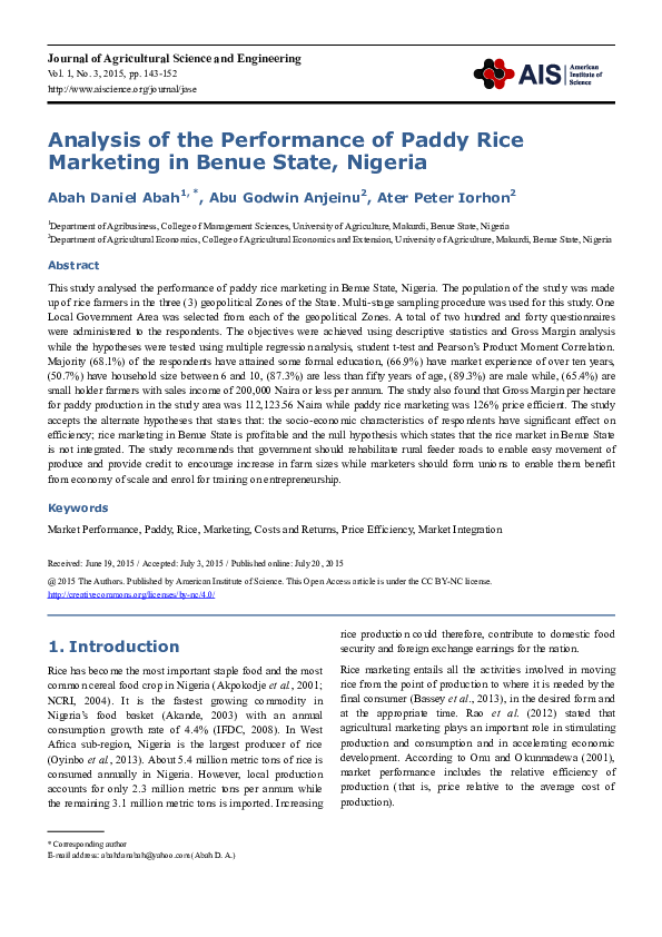 (PDF) Analysis of the Performance of Paddy Rice Marketing in Benue ...