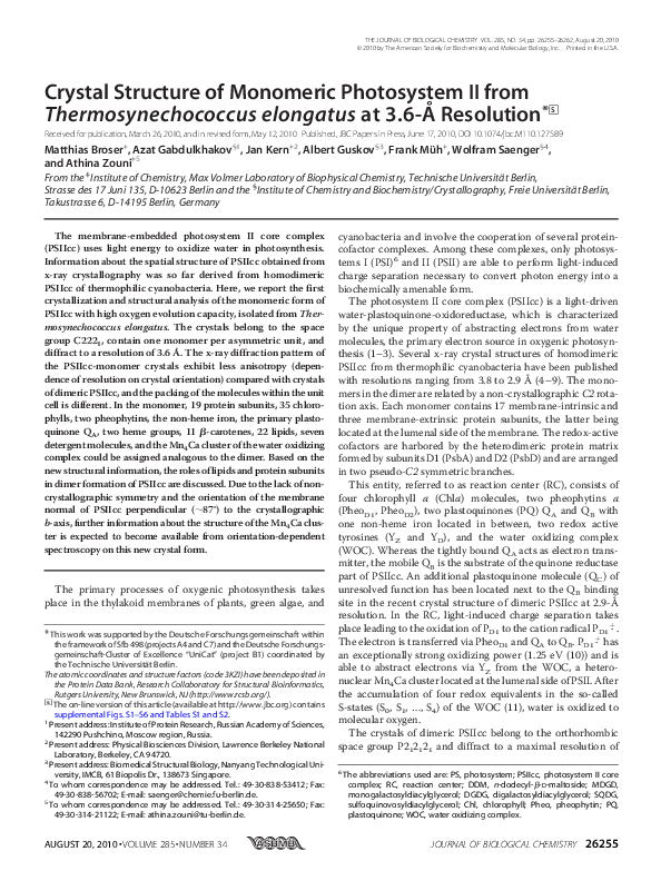 (PDF) Crystal Structure of Monomeric Photosystem II from Thermosynechococcus elongatus at 3.6-A ...