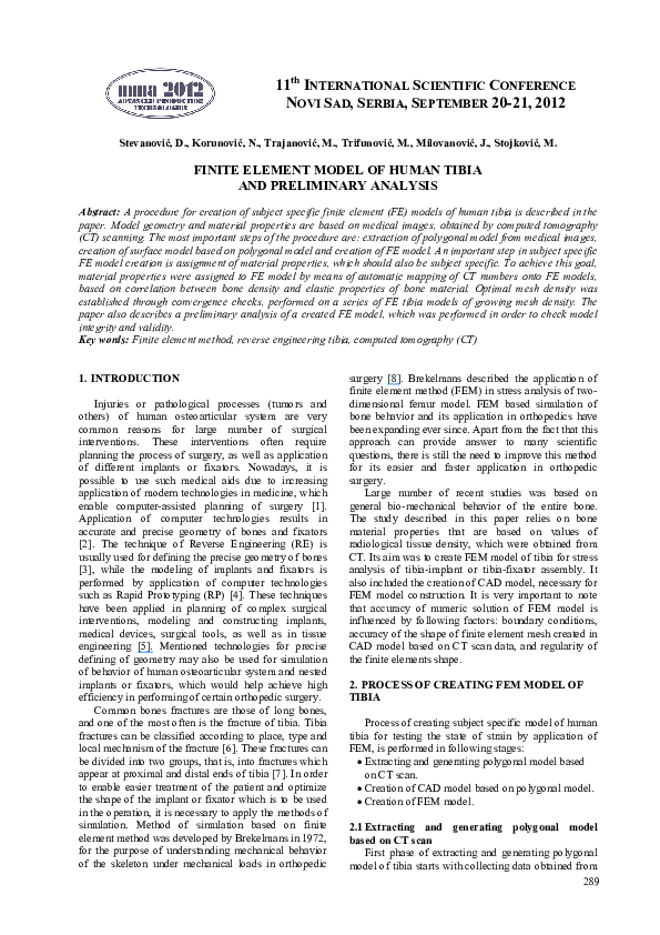 Pdf Finite Element Model Of Human Tibia And Preliminary Analysis