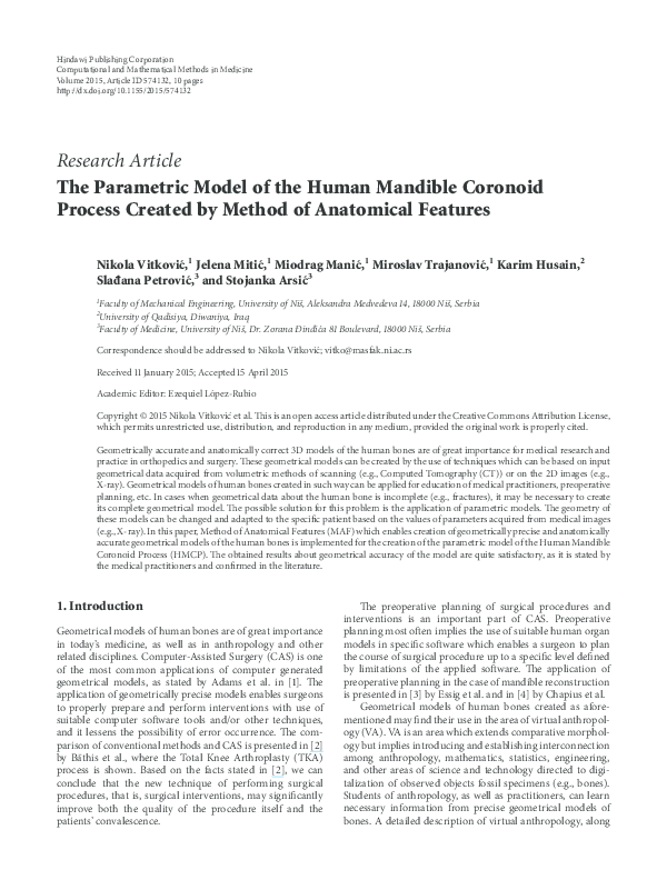 (PDF) The Parametric Model of the Human Mandible Coronoid Process ...