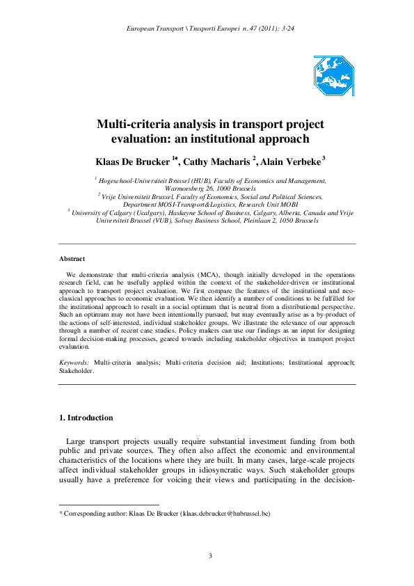 Pdf Multi Criteria Analysis In Transport Project Evaluation An Institutional Approach