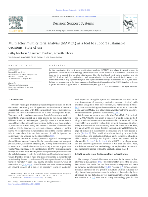 (PDF) Multi actor multi criteria analysis (MAMCA) as a tool to support ...