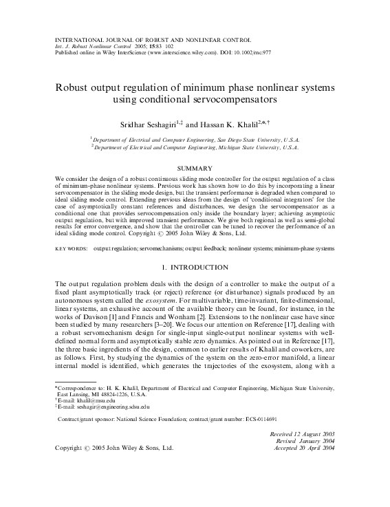 Pdf Robust Output Regulation Of Minimum Phase Nonlinear Systems Using Conditional