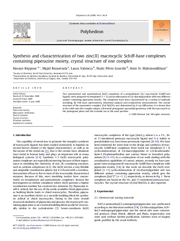 (PDF) Synthesis and characterization of two zinc(II) macrocyclic Schiff-base complexes ...