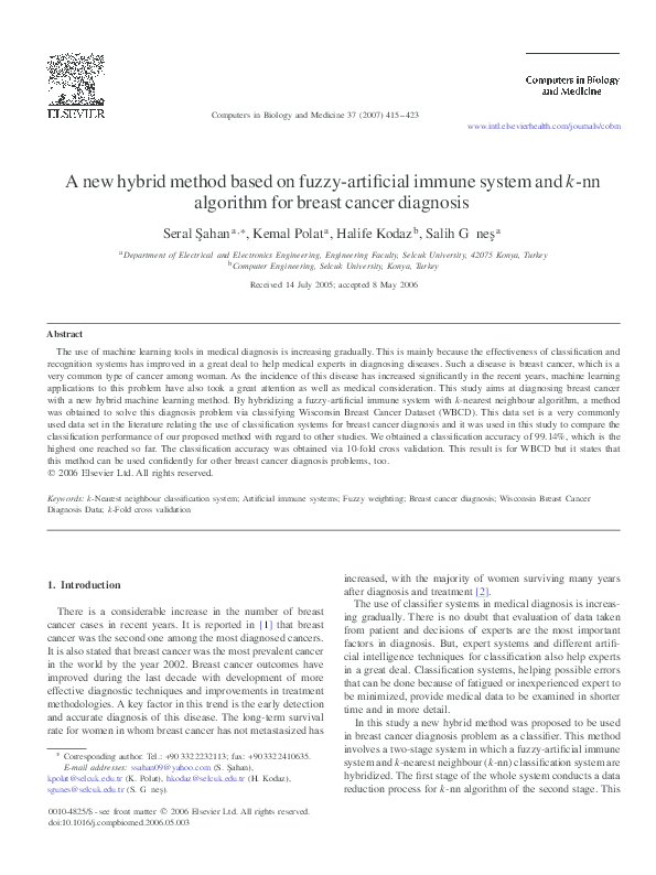 Pdf A New Hybrid Method Based On Fuzzy Artificial Immune System And K Nn Algorithm For Breast