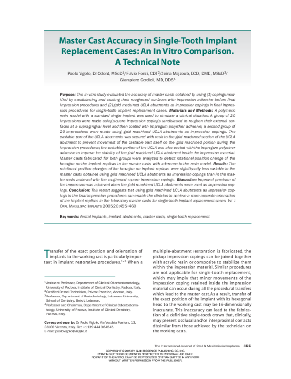 (PDF) Master Cast Accuracy in Single-Tooth Implant Replacement Cases ...