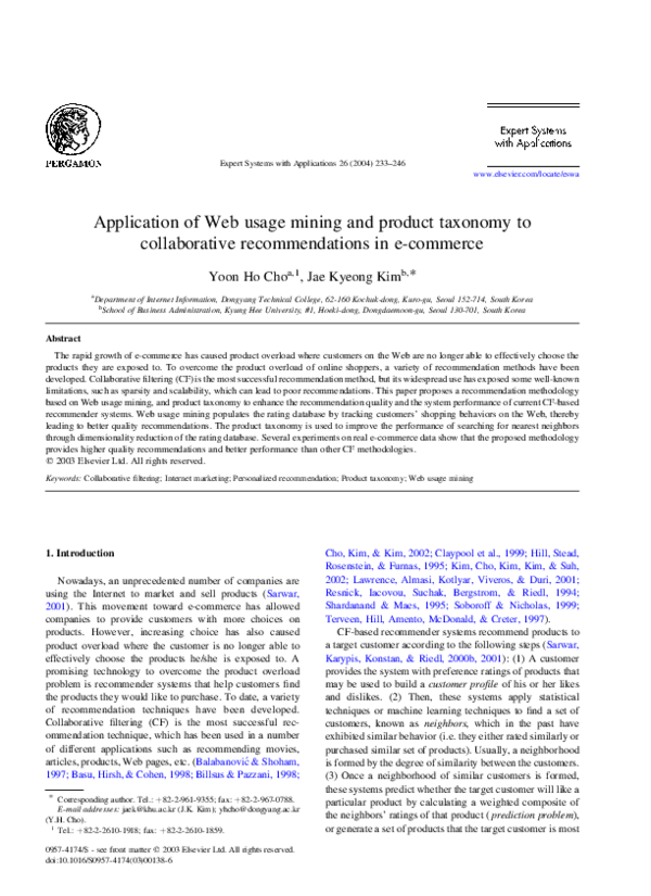 (PDF) Application of Web usage mining and product taxonomy to collaborative recommendations in e ...