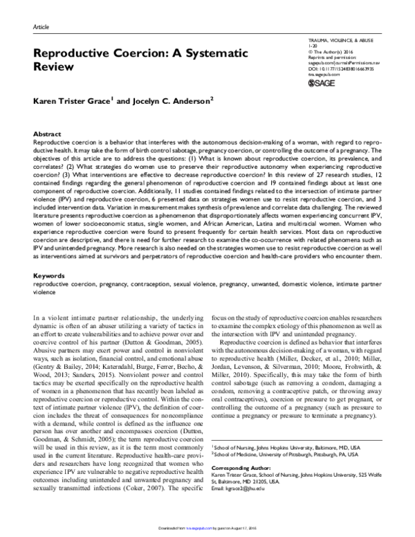 (PDF) Reproductive Coercion: A Systematic Review