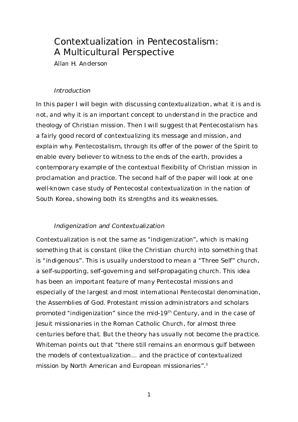 (DOC) Contextualization in Pentecostalism: A Multicultural Perspective