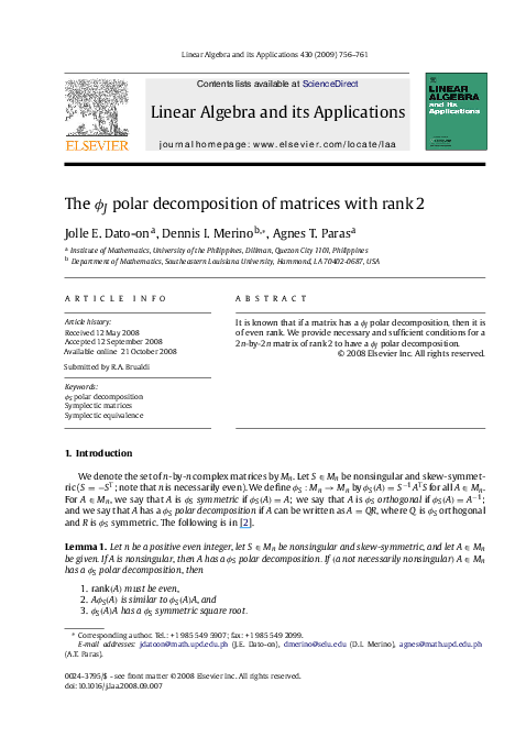 (PDF) The polar decomposition of matrices with rank 2 | Dennis Merino ...