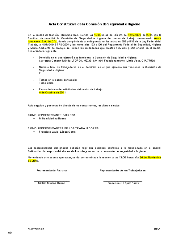 (DOC) Acta Constitutiva de la Comisión de Seguridad e Higiene