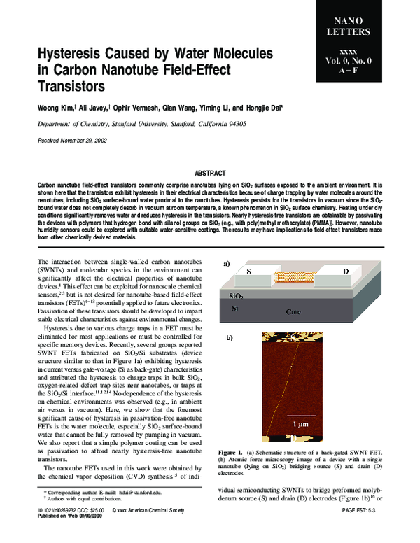 (PDF) Hysteresis Caused by Water Molecules in Carbon Nanotube Field ...