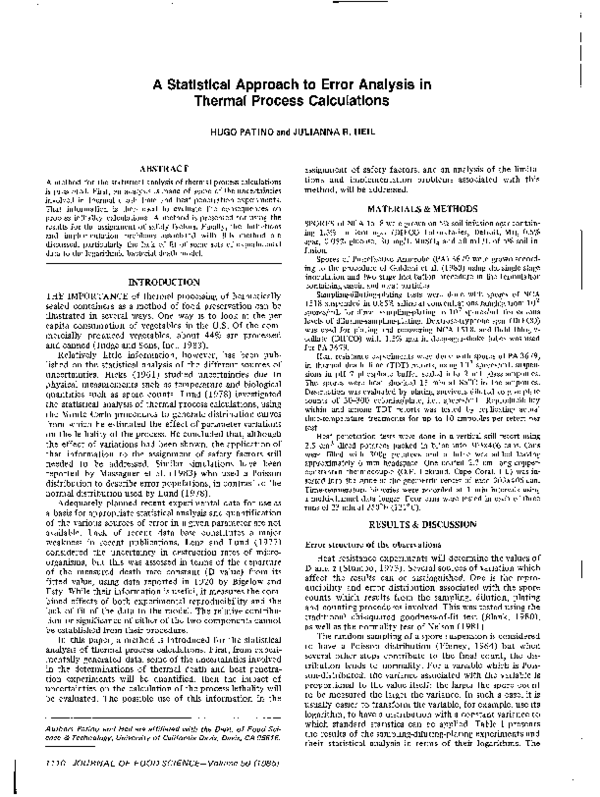 (PDF) A Statistical Approach to Error Analysis in Thermal Process Calculations