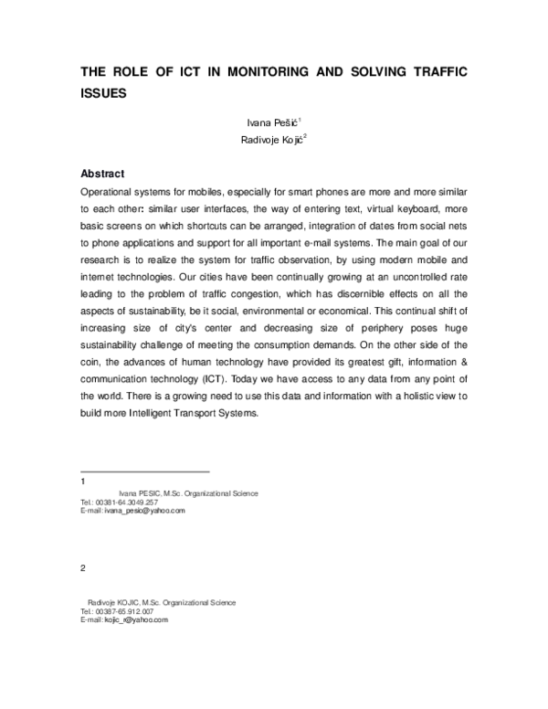 Pdf The Role Of Ict In Monitoring And Solving Traffic Issues