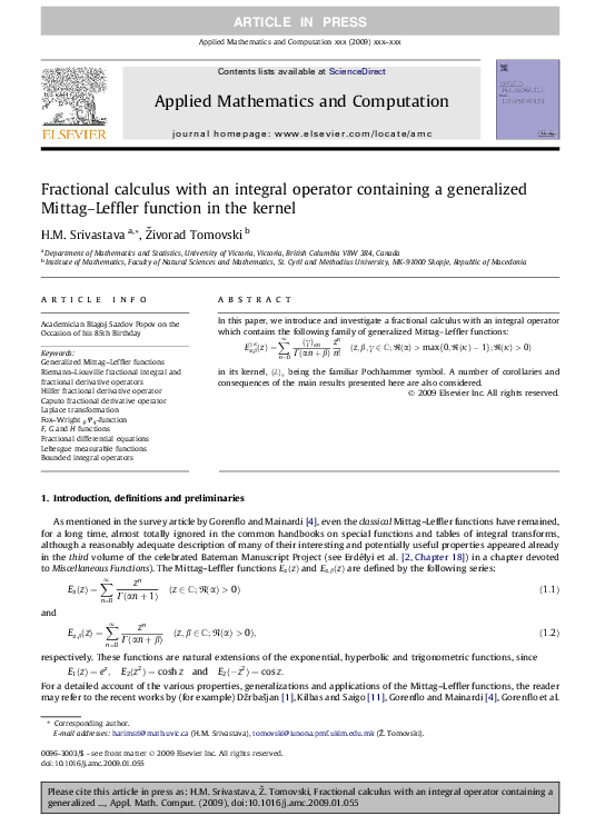 Pdf Fractional Calculus With An Integral Operator Containing A