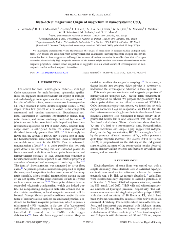 (PDF) Dilute-defect magnetism: Origin of magnetism in nanocrystalline CeO2