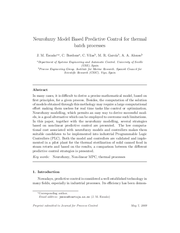 (PDF) Neurofuzzy model based predictive control for thermal batch processes
