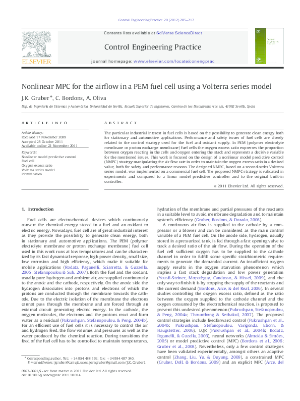 (PDF) Nonlinear MPC for the airflow in a PEM fuel cell using a Volterra series model