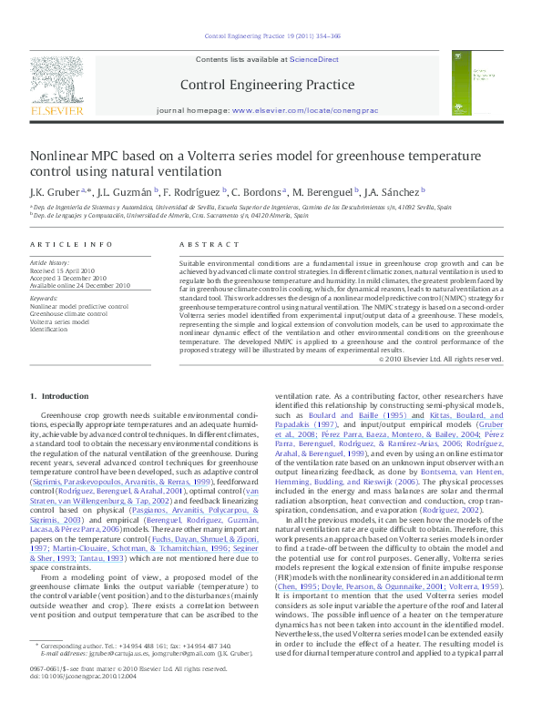 (PDF) Nonlinear MPC based on a Volterra series model for greenhouse temperature control using ...