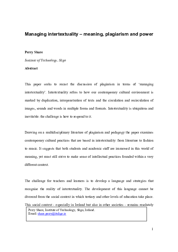 (PDF) Managing intertextuality meaning, plagiarism and power