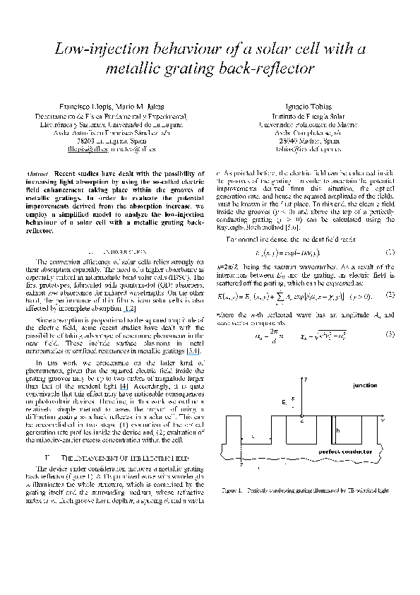 Pdf Low Injection Behaviour Of A Solar Cell With A Metallic Grating Back Reflector