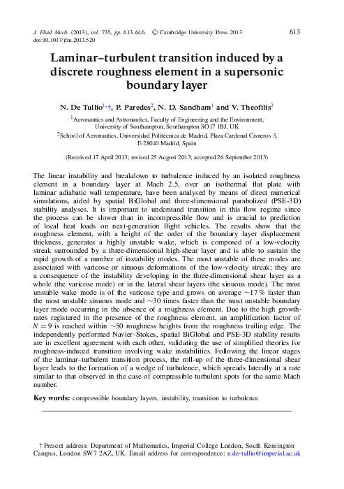 (PDF) 2013 - Laminar–turbulent transition induced by a discrete roughness element in a ...