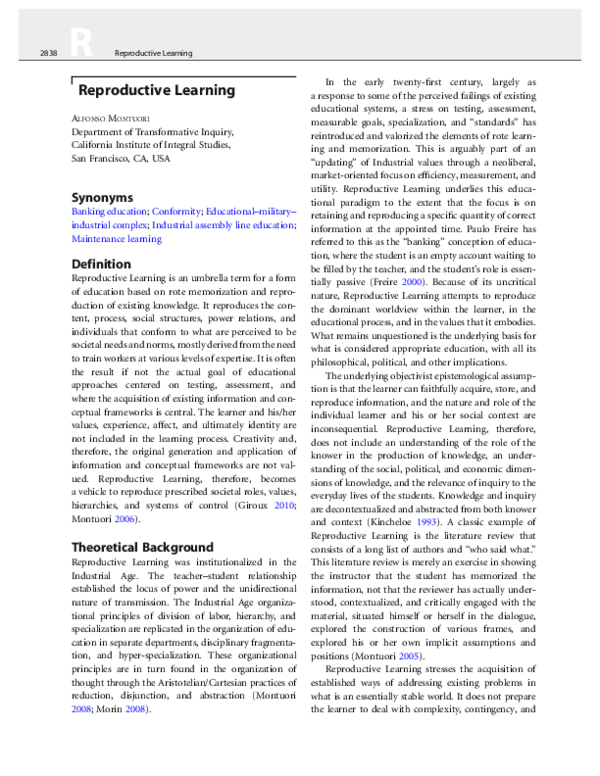 (PDF) Reproductive Learning. Entry in: The encyclopedia of the sciences ...
