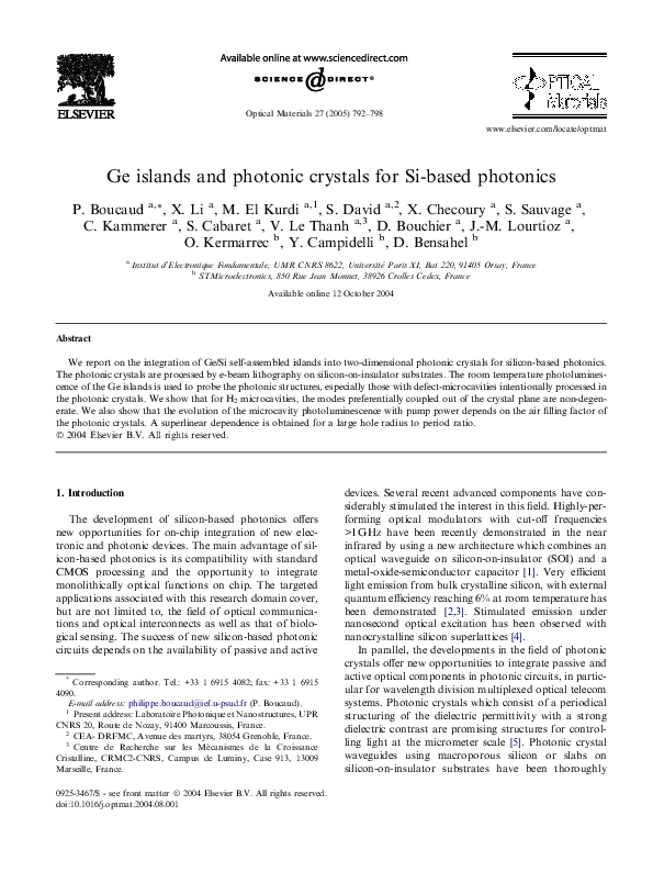 (PDF) Ge islands and photonic crystals for Si-based photonics